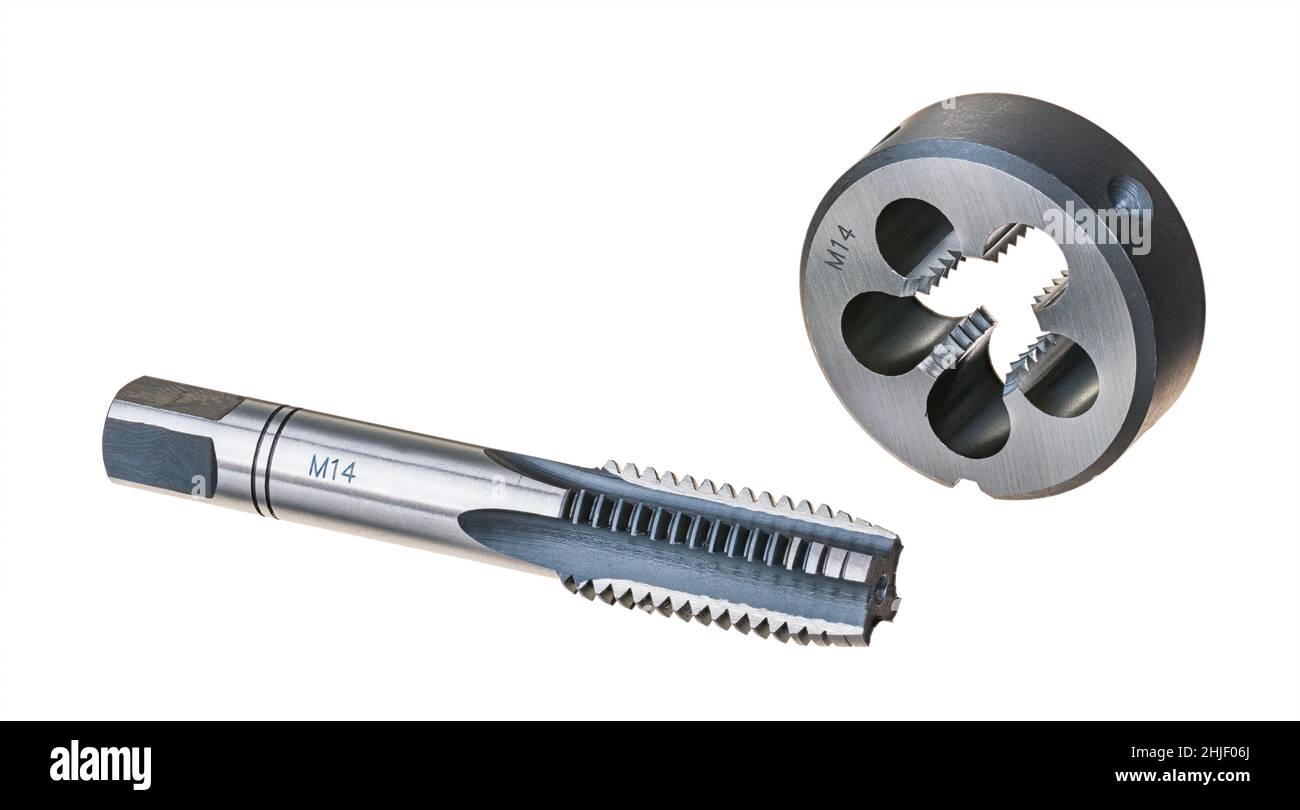 Closeup of steel die and tap cutter isolated on white background. Round ...
