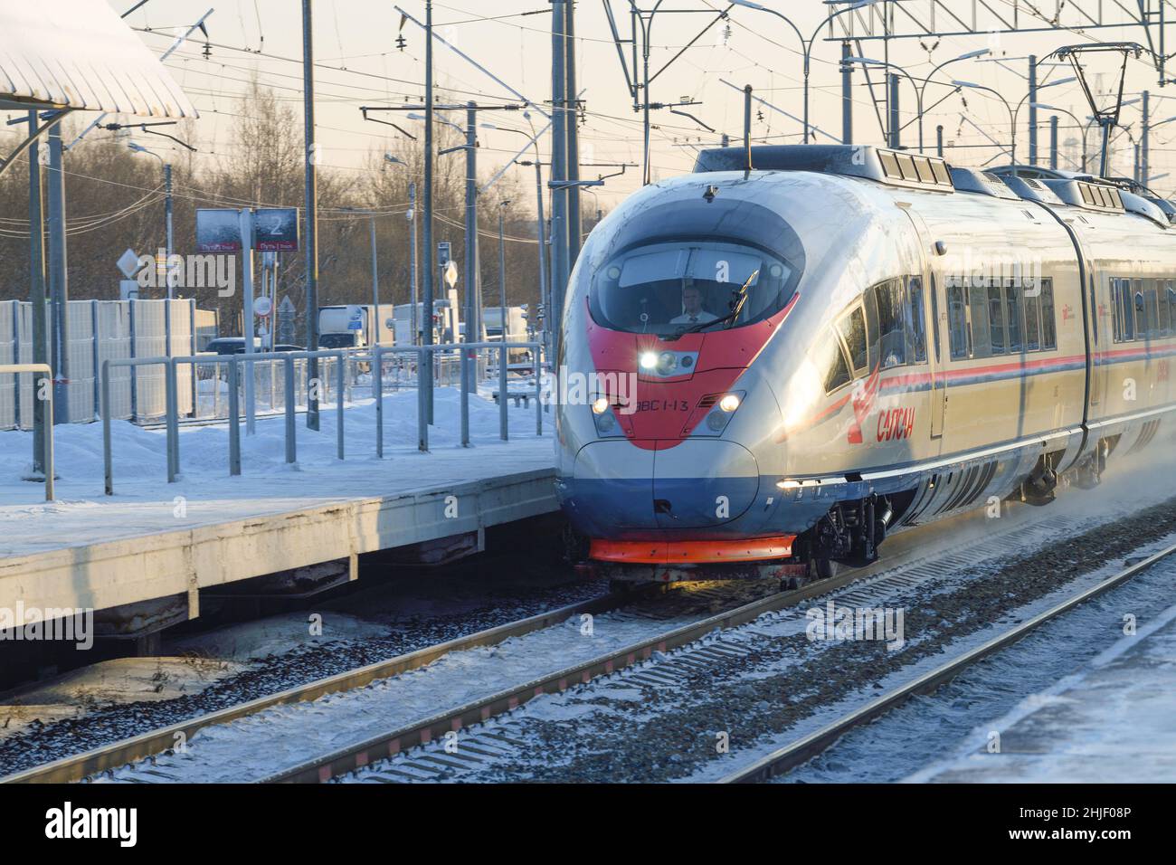 LENINGRAD REGION, RUSSIA - DECEMBER 21, 2021: The high-speed train of ...