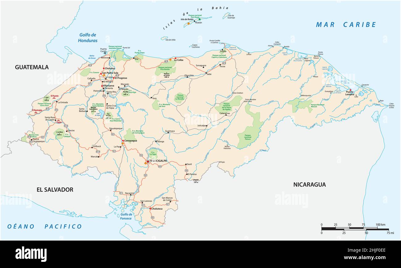Road and National Park Map of the Central American State of Honduras ...