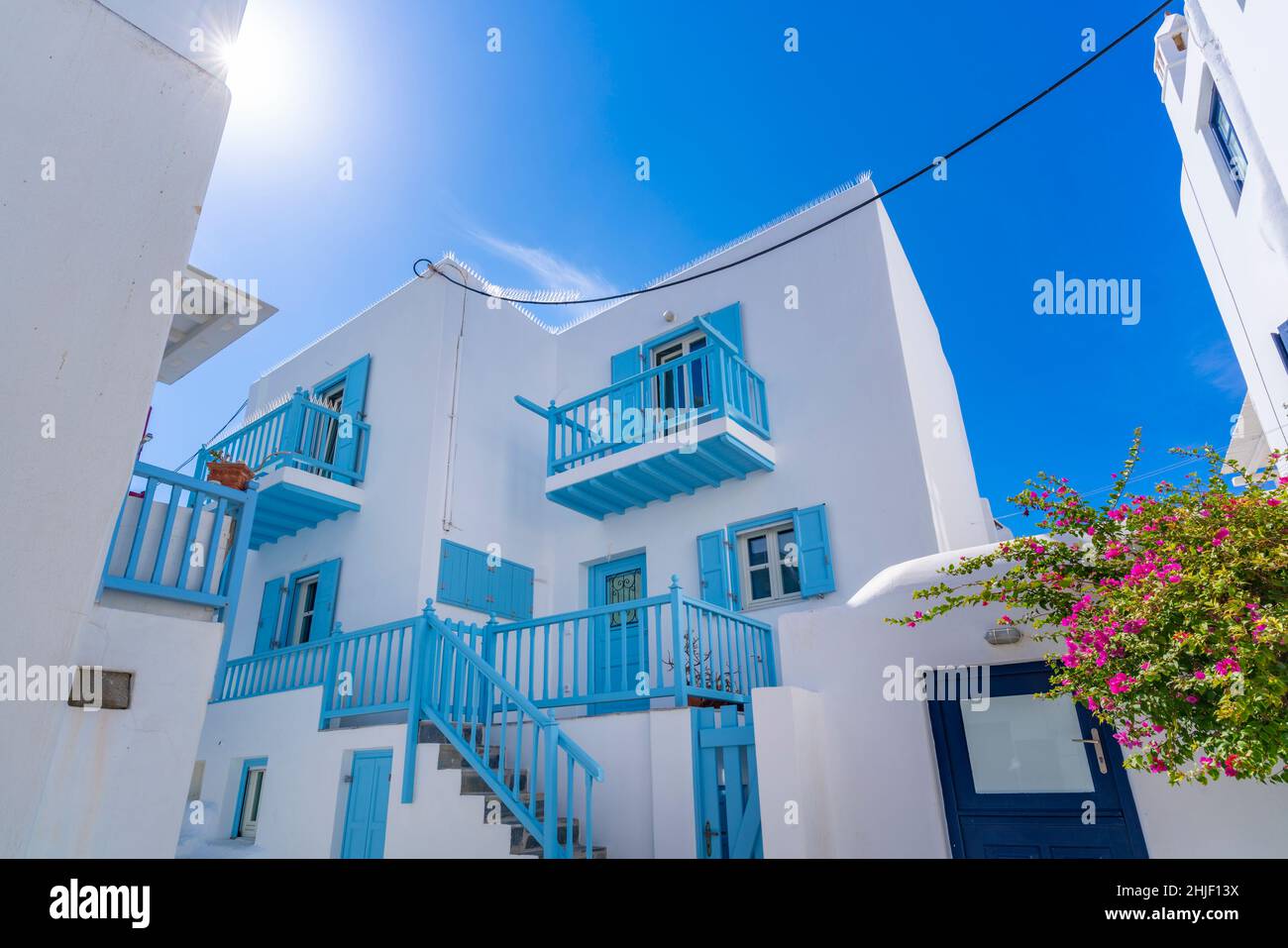 View of white and blue house, Mykonos Town, Mykonos, Cyclades Islands ...