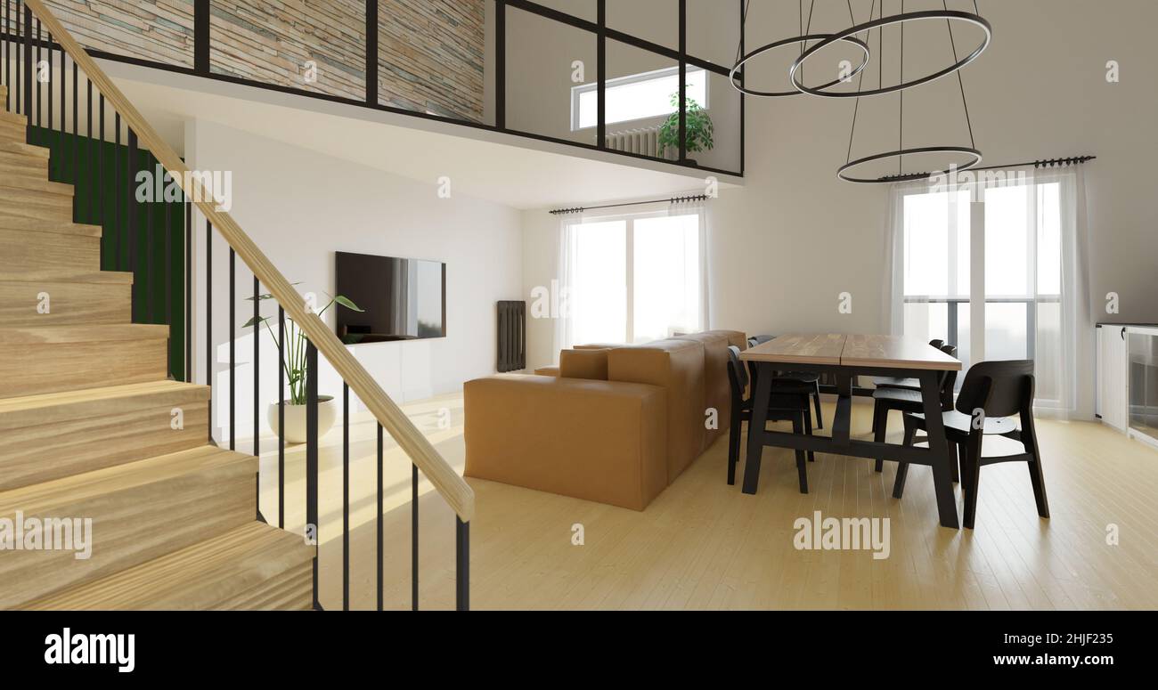 Modern living room with kitchen area. luxury two-level flat design. 3d ...