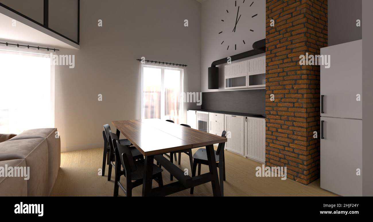 Modern living room with kitchen area. luxury two-level flat design. 3d ...