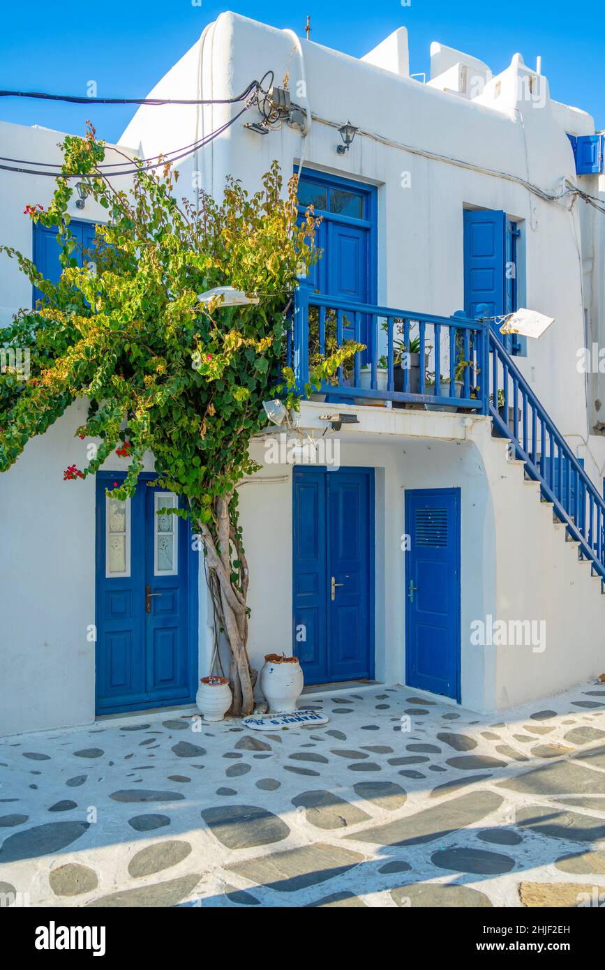 View of traditional white washed and blue house, Mykonos Town, Mykonos ...