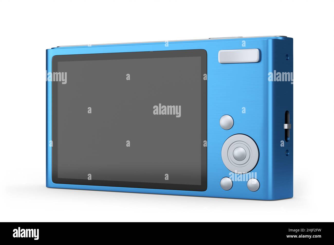 Stylish blue compact pocket digital camera isolated on white background ...