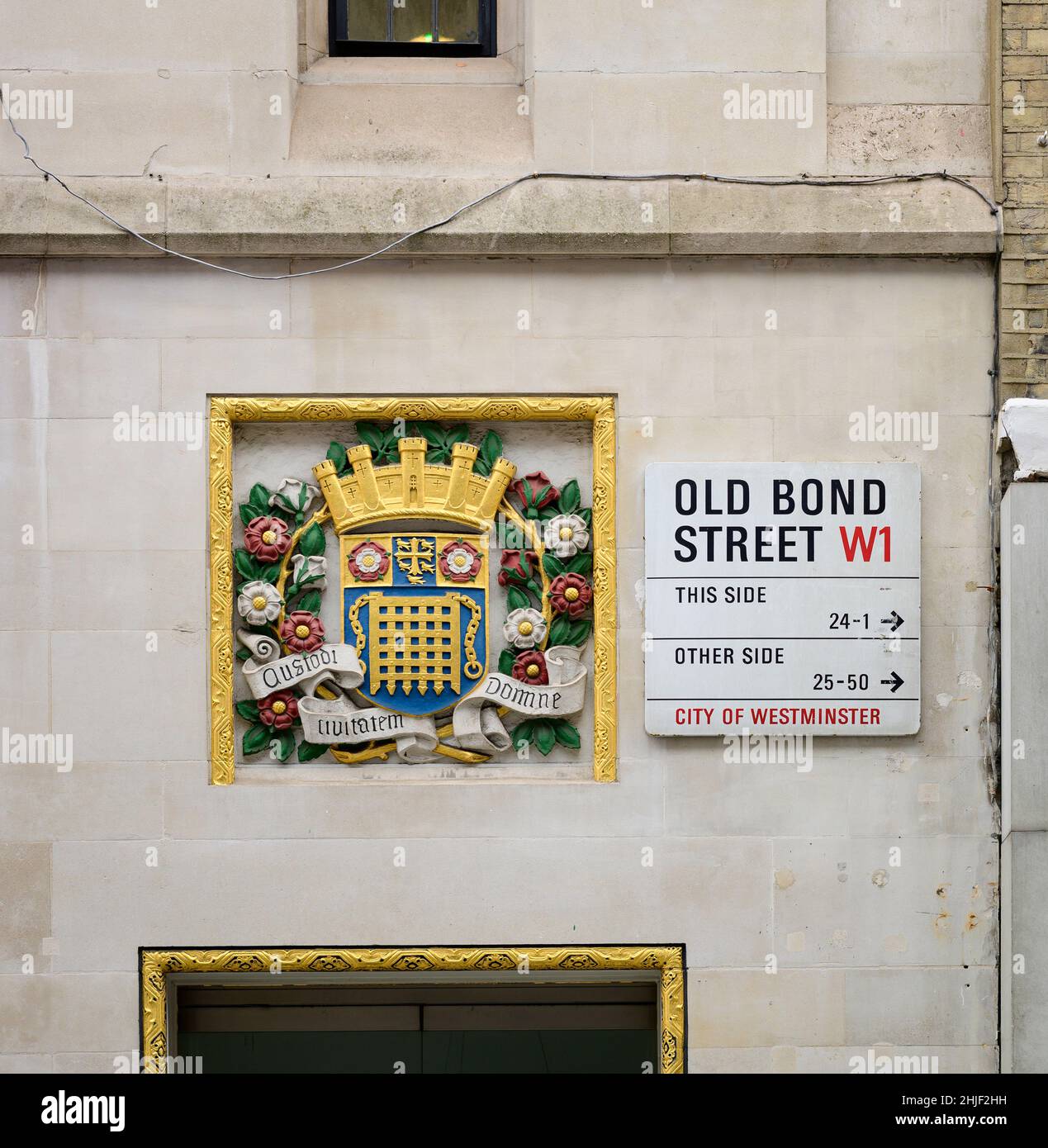 Street sign on listed building frontage at 24 Old Bond Street, Mayfair ...