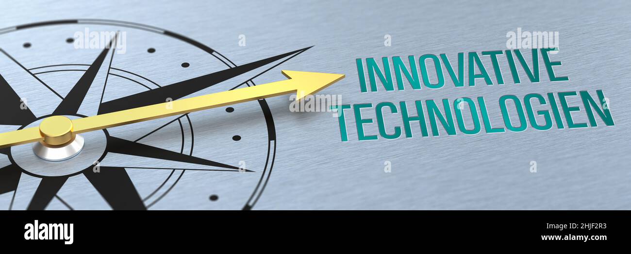 Compass needle pointing to the words Innovative technology in german ...