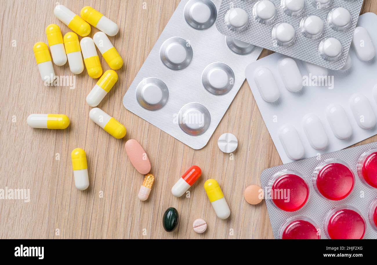 Different medicine pills and capsules with blister packs Stock Photo ...