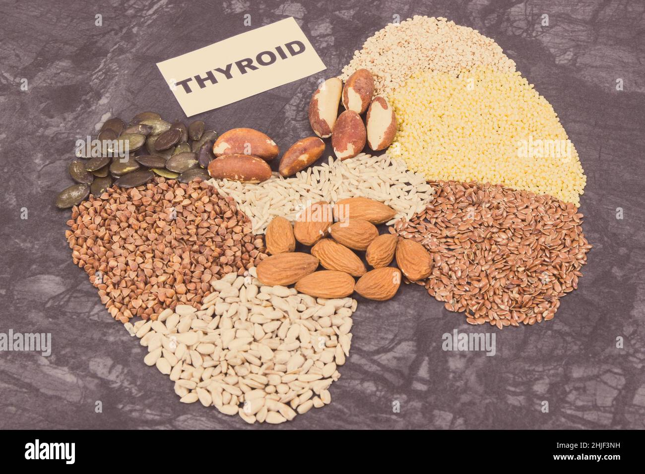Nutritious natural ingredients in shape of thyroid. Healthy food as ...