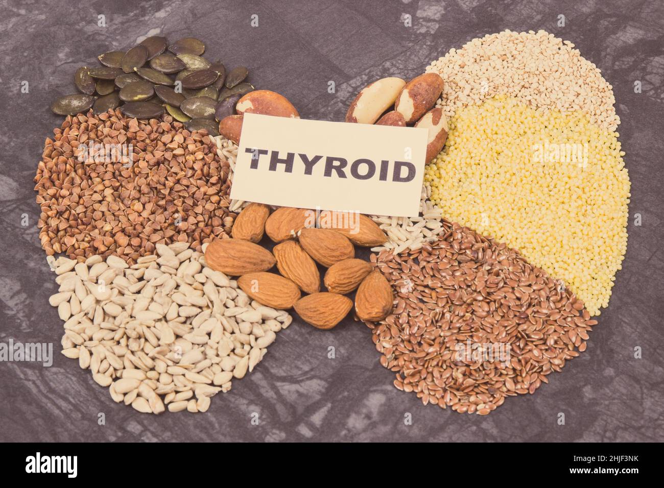 Nutritious natural ingredients in shape of thyroid. Healthy food as ...
