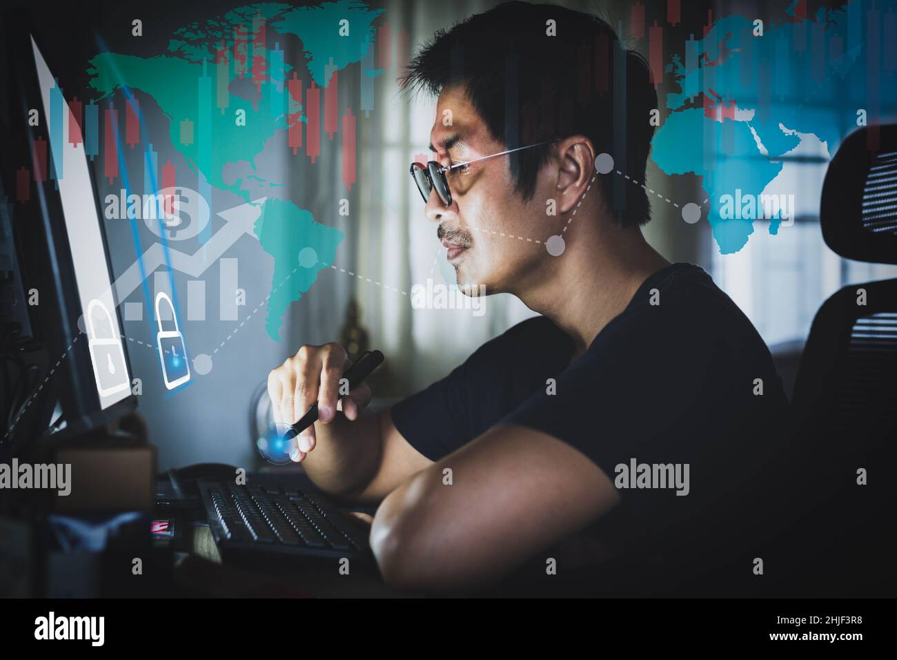Business financial man working on computer with financial data with ...