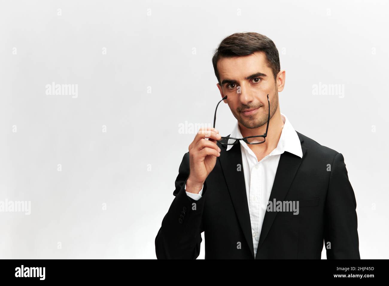 successful man black suit glasses notepad hand gestures emotions ...