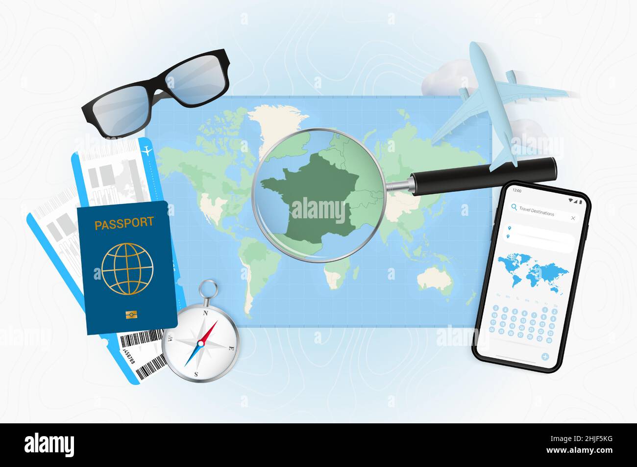 Conceptual illustration of a trip to France with travel gear. World map ...