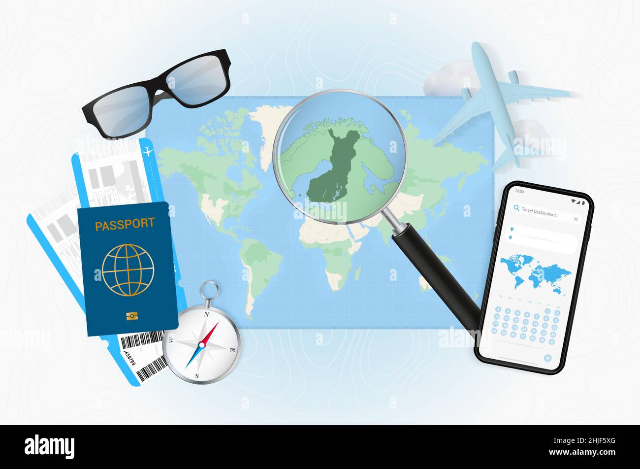 Conceptual illustration of a trip to Finland with travel gear. World ...