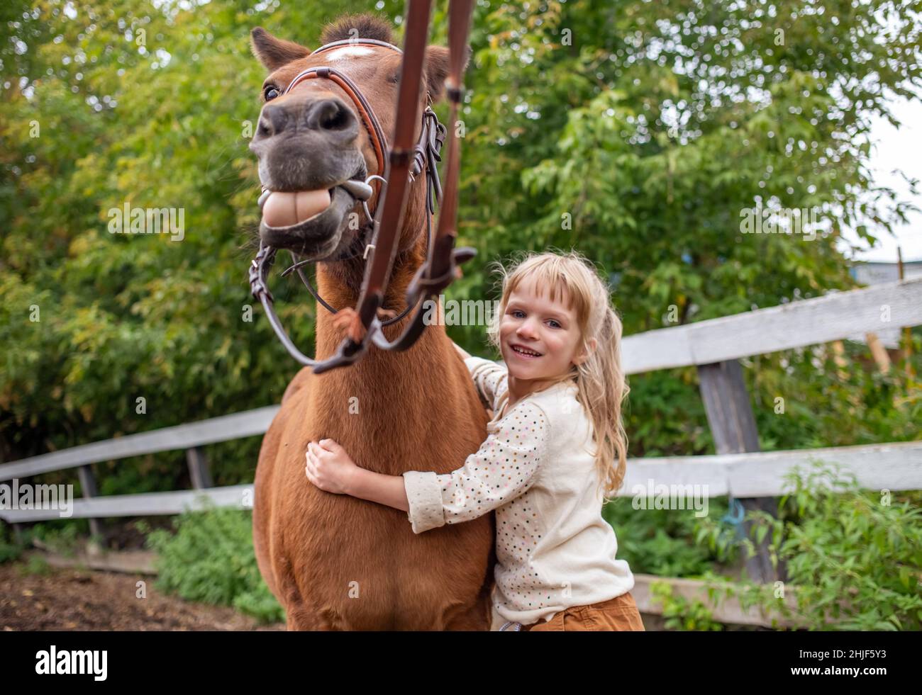 little girl hugs pony horse in corral and laugh happy Stock Photo - Alamy