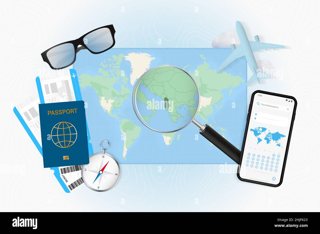 Conceptual illustration of a trip to Albania with travel gear. World ...