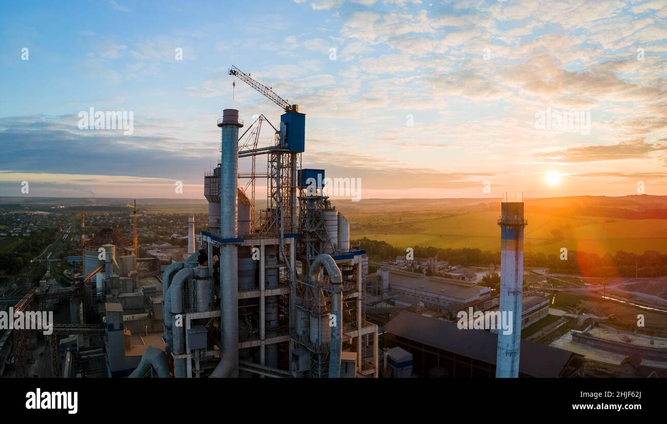 Aerial view of cement factory with high concrete plant structure and ...