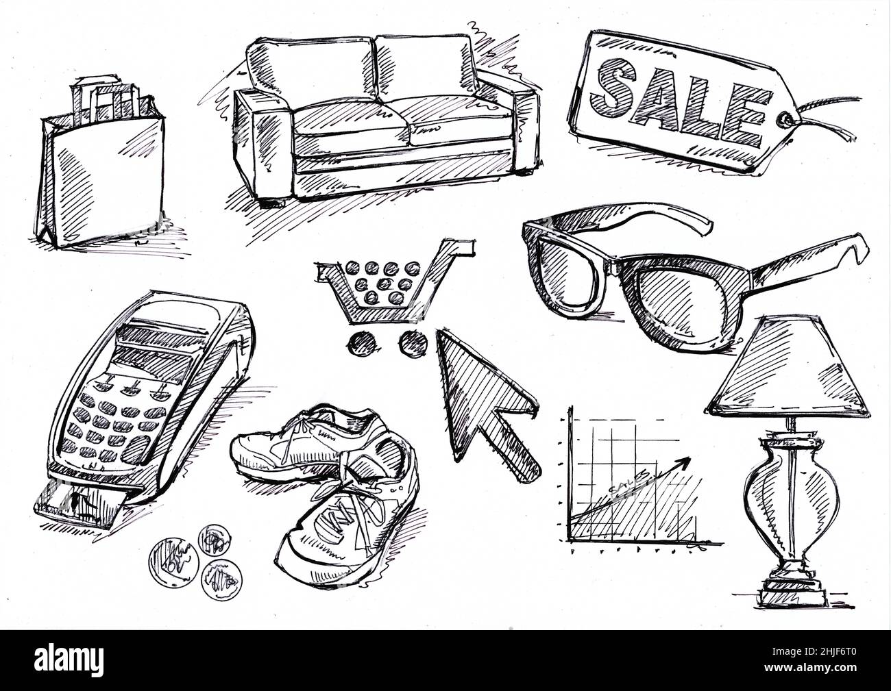 Sketches of shopping items on a white background Stock Photo - Alamy
