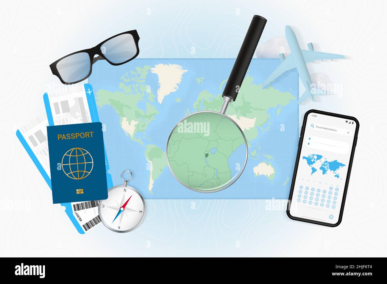 Conceptual illustration of a trip to Burundi with travel gear. World ...