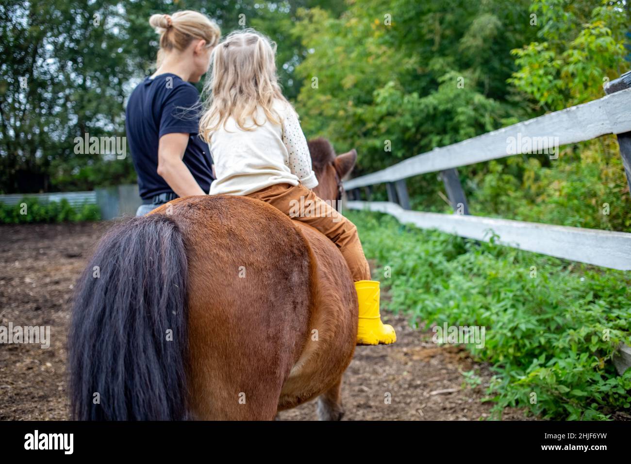 adorable little girl riding a pony horce with trainer. rear view ...