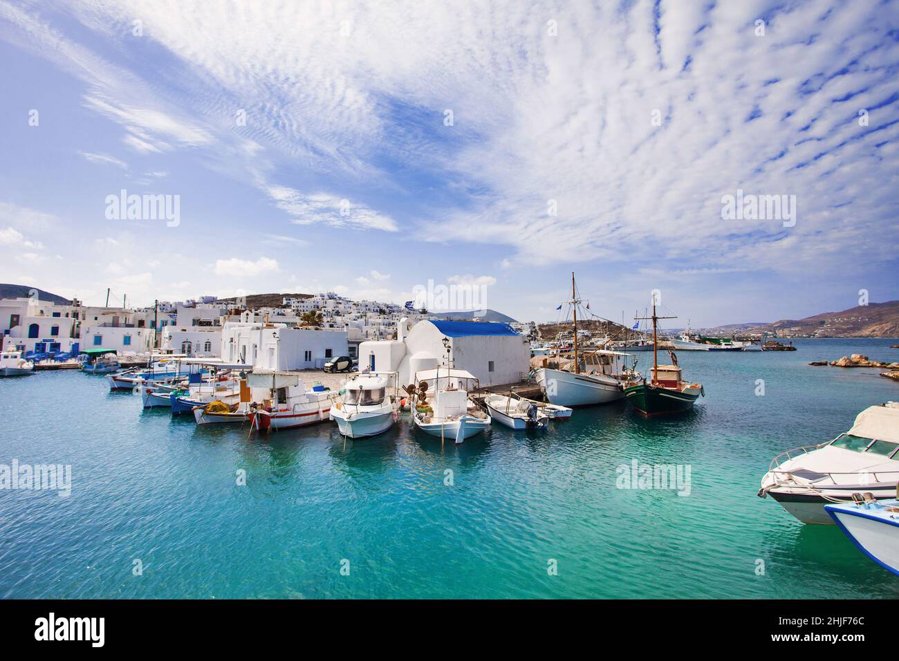 Greek fishing village Naousa, Paros island, Cyclades, Greece Stock ...