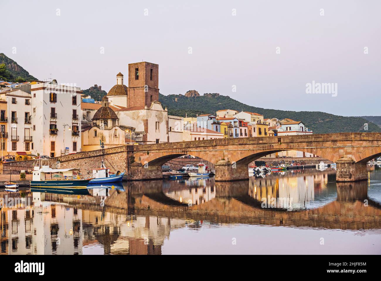 Beautiful view of Bosa town, Sardinia island, Italy. Travel destination ...