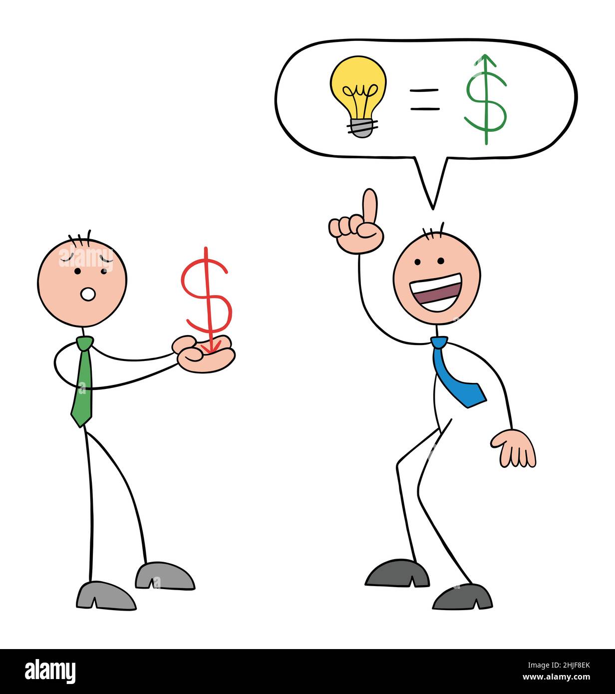 Stickman businessman is unhappy and is holding a falling dollar symbol ...