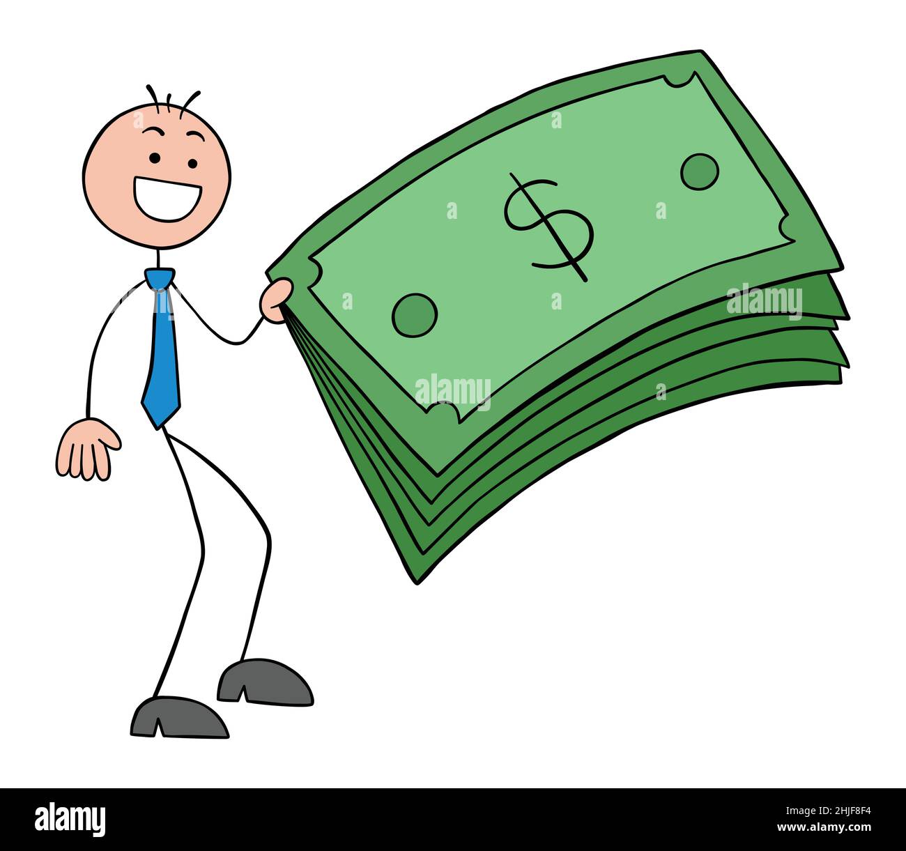 Stickman businessman is very happy and is holding the paper money he ...