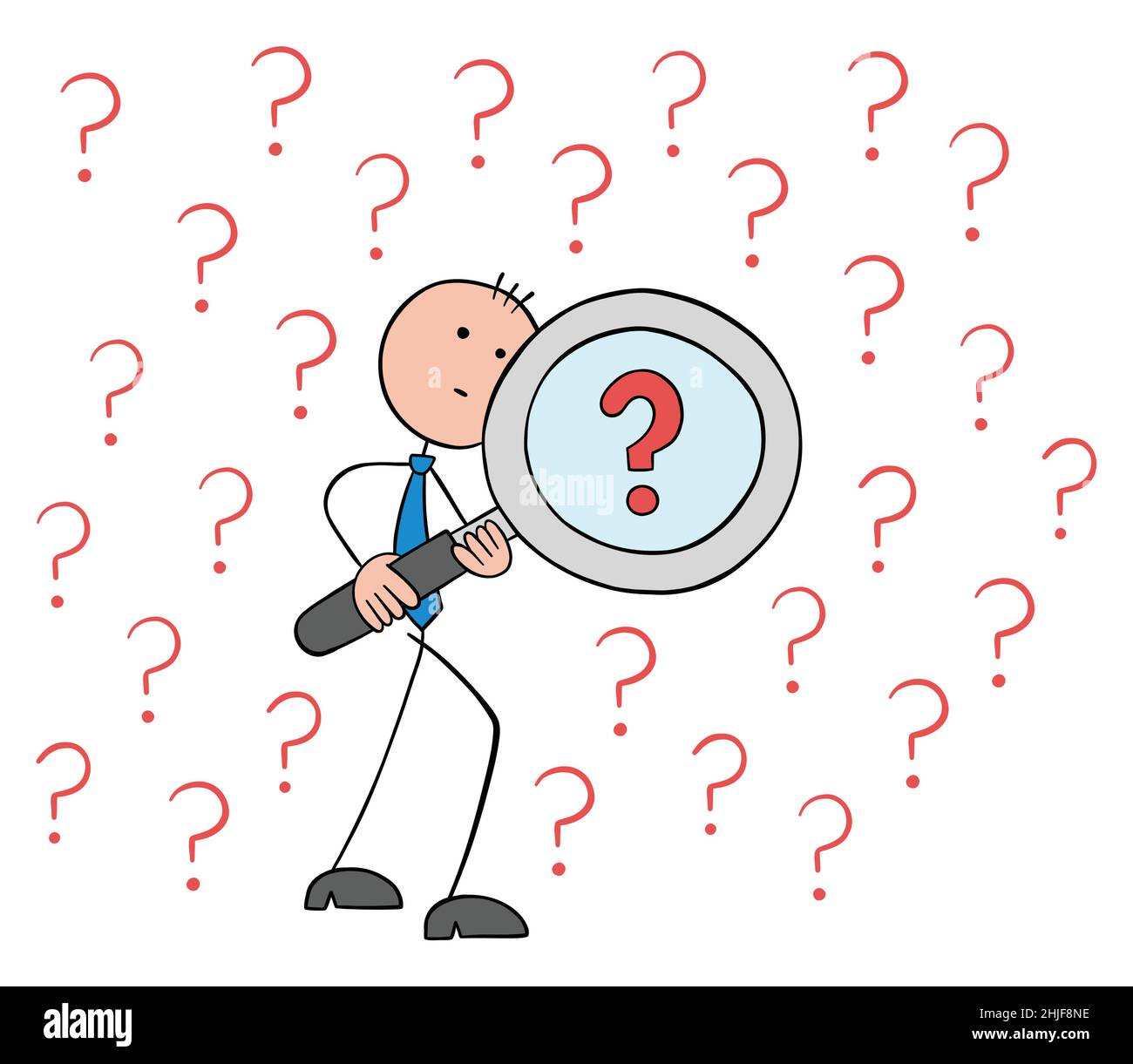 Stickman businessman is examining with a magnifying glass and there are ...