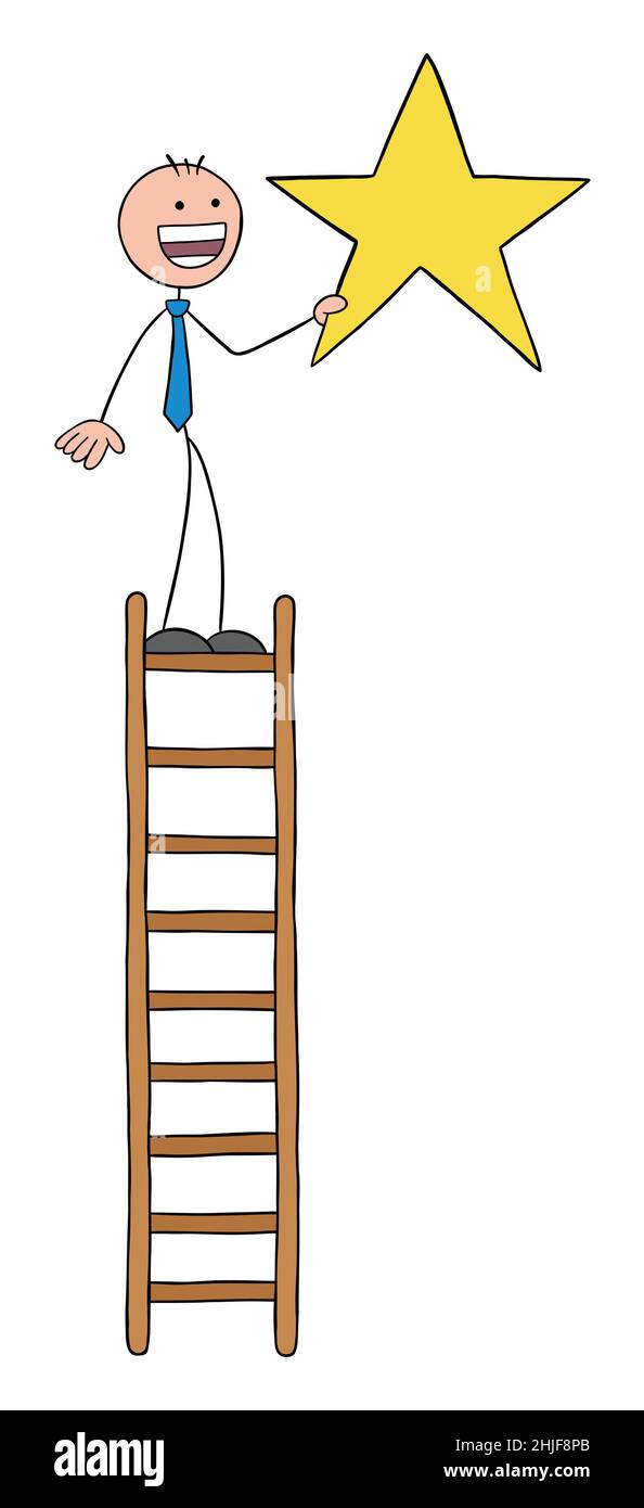 Stickman businessman has climbed to the top of the wooden ladder and is ...