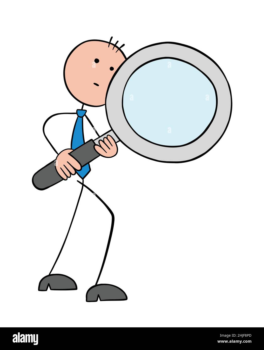 Stickman businessman holding magnifying glass and examining. Hand drawn ...