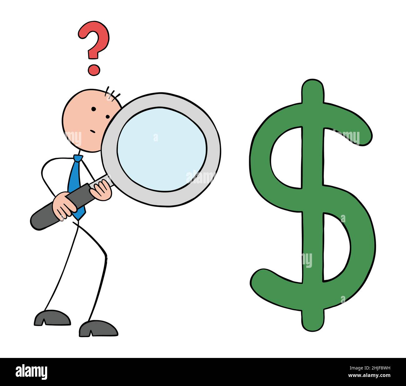 Stickman businessman holding magnifying glass against dollar symbol and ...