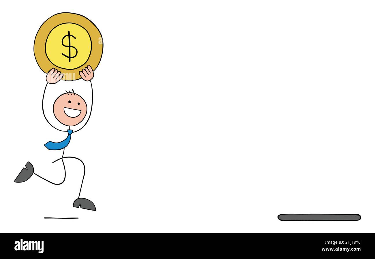 Stickman businessman running and carrying dollar coin to moneybox hole ...