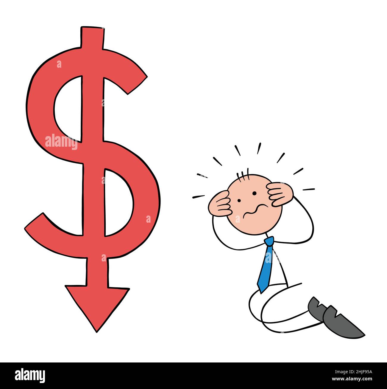 Stickman businessman is kneeling next to the falling dollar icon and ...