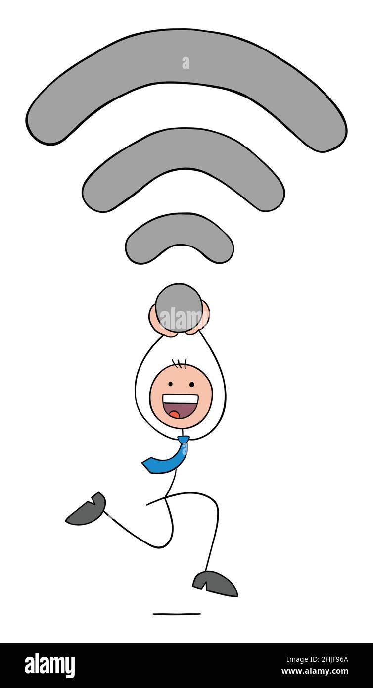 Stickman businessman is running and very happy carrying the strong wifi ...