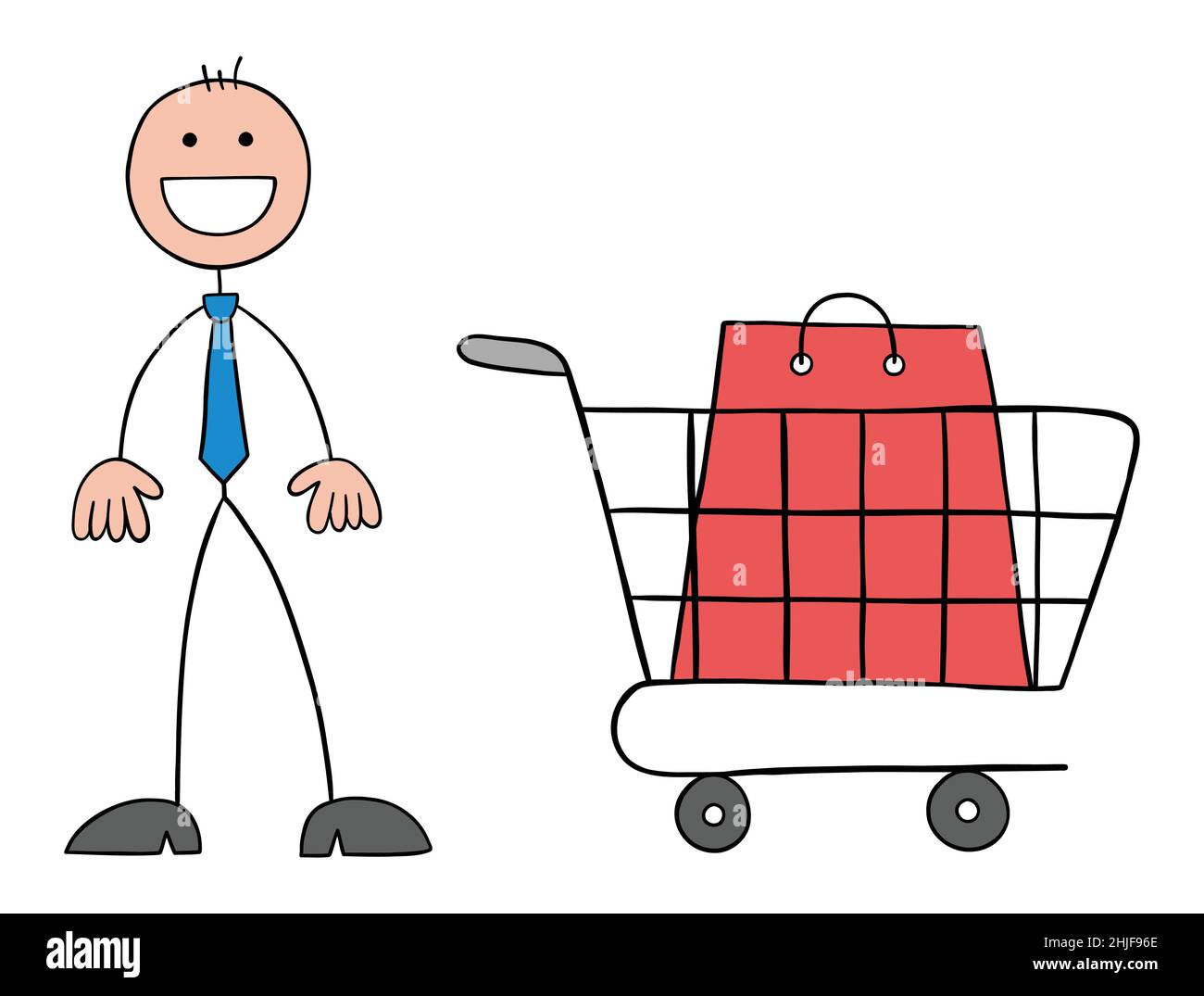 Stickman businessman happy customer with shopping cart and shopping bag ...