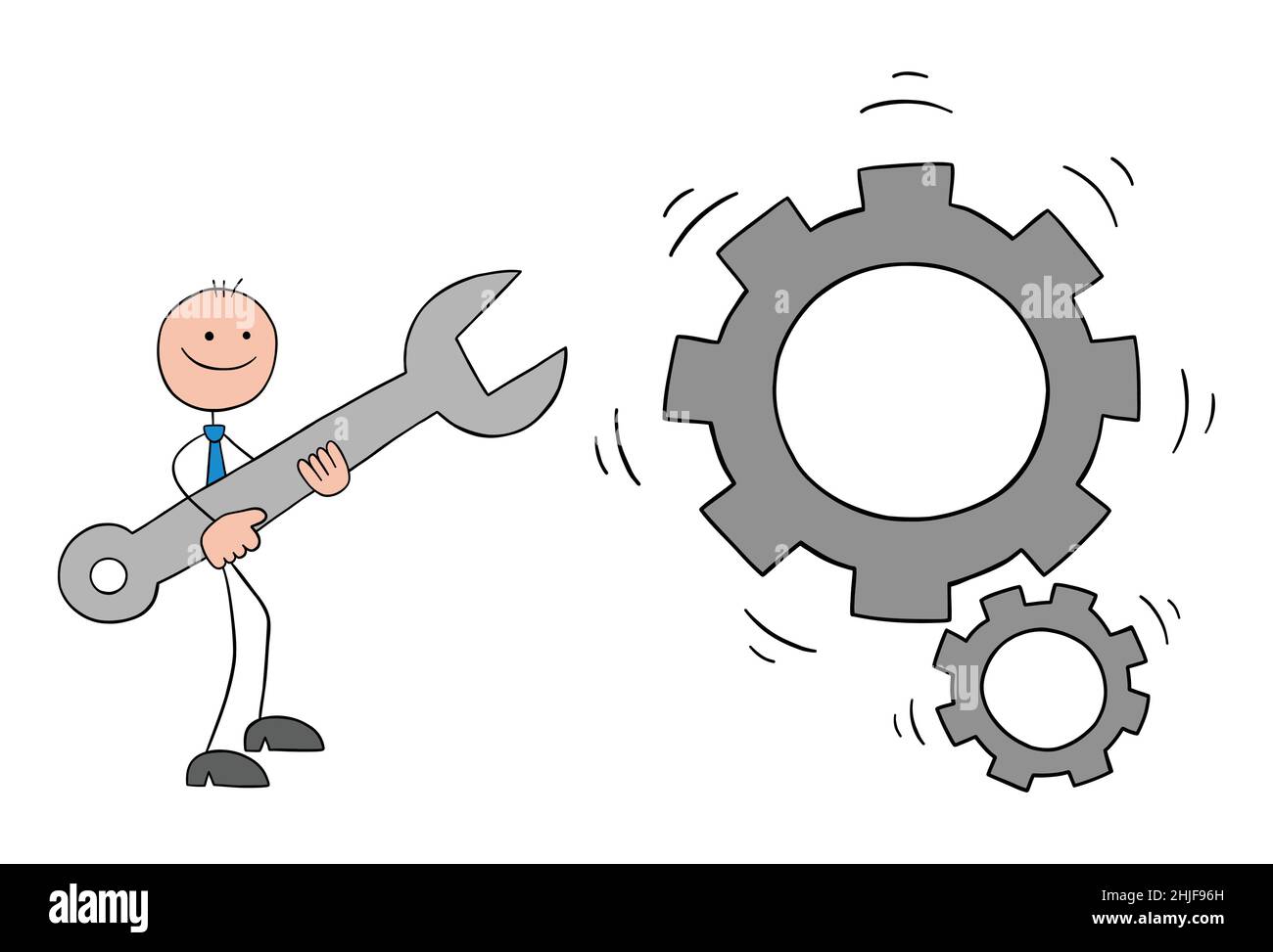 Stickman businessman fixed spinning gears, holding wrench. Hand drawn ...