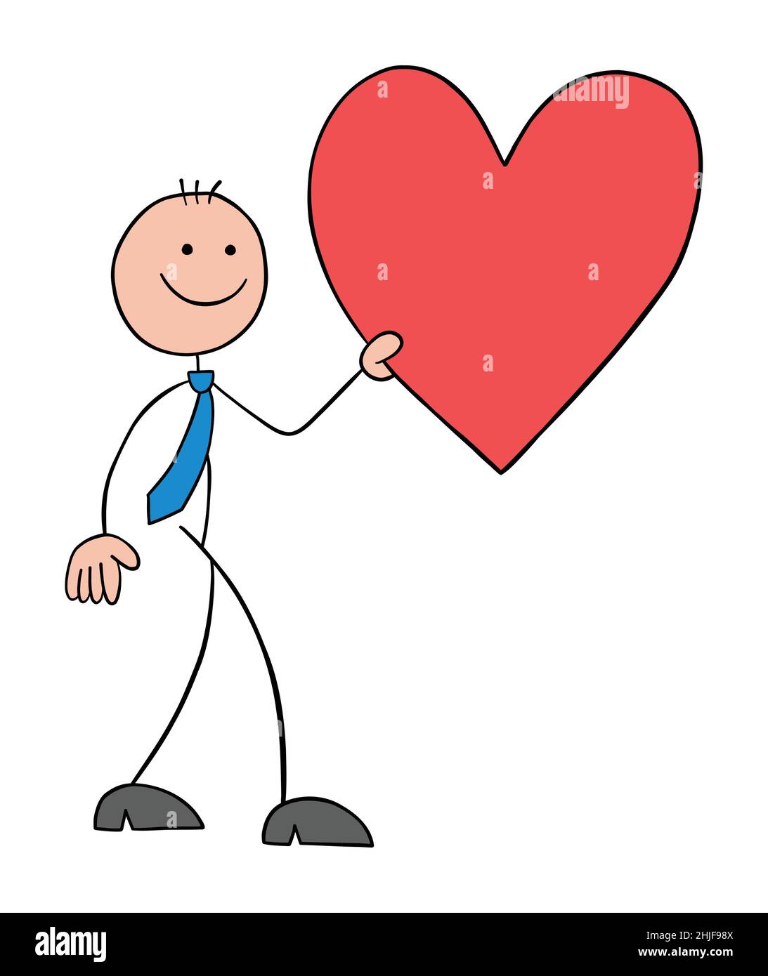 Stickman businessman is walking, carrying the heart and is happy. Hand ...