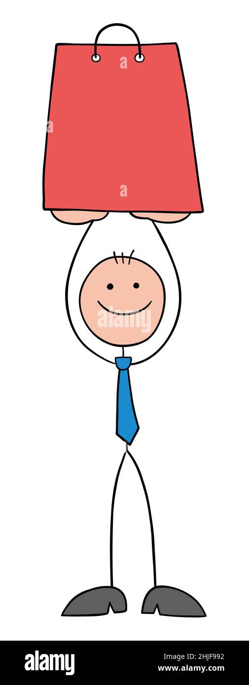 Stickman businessman lifts the shopping bag. Hand drawn outline cartoon ...