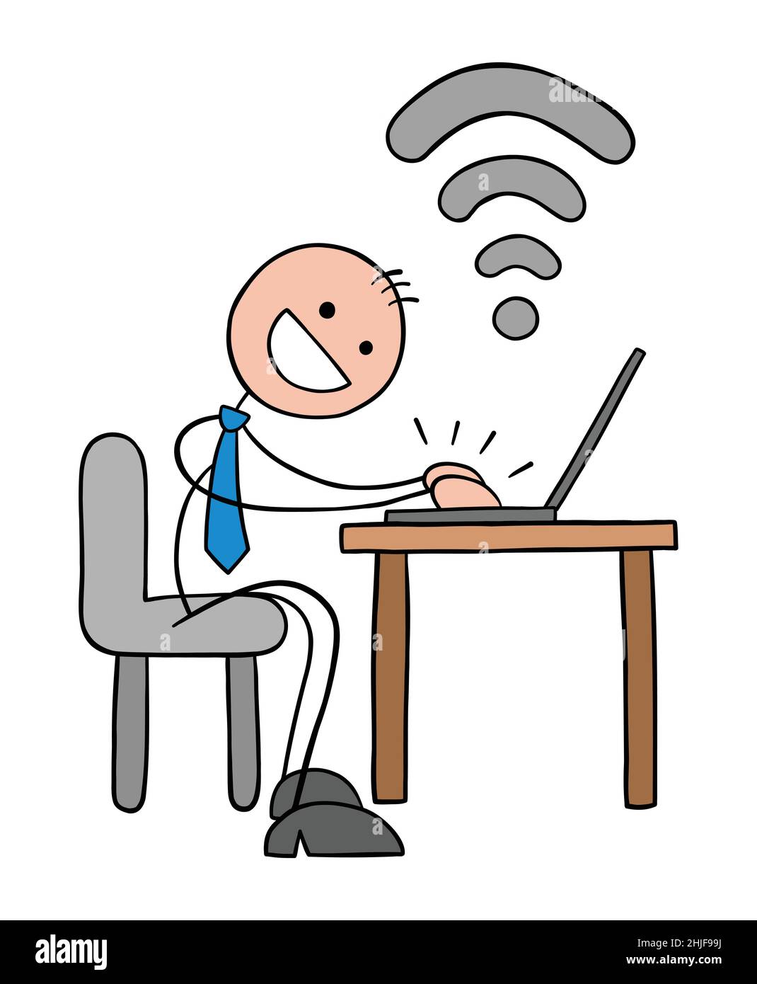 Stickman businessman works on computer at desk with strong wifi signal ...