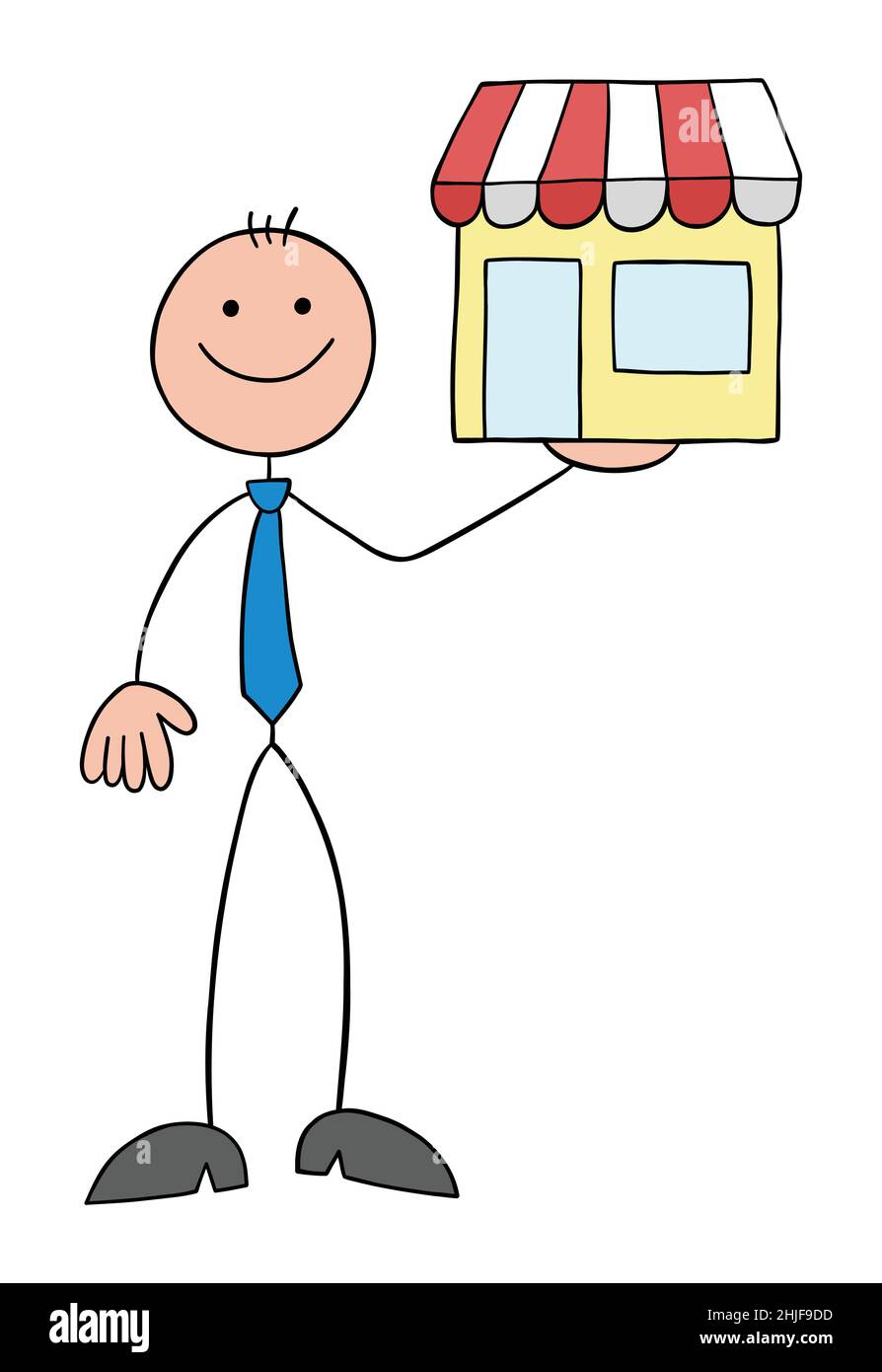 Stickman businessman is holding a shop and smiling. Hand drawn outline ...