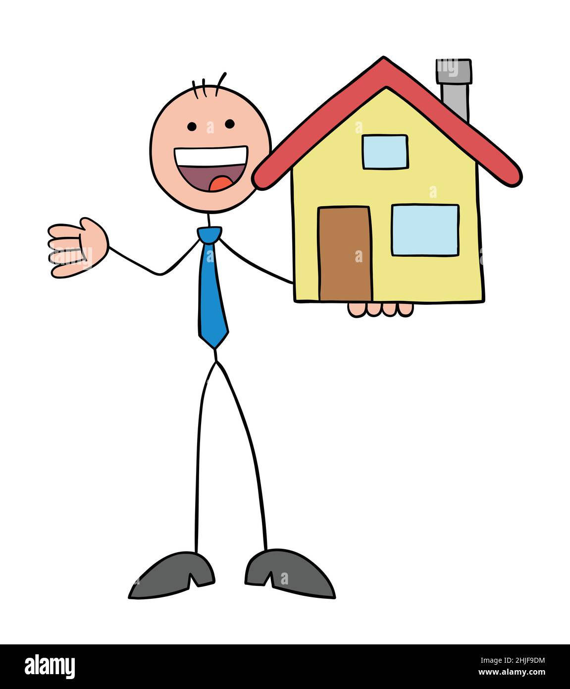 Stickman businessman holding house. Hand drawn outline cartoon vector ...