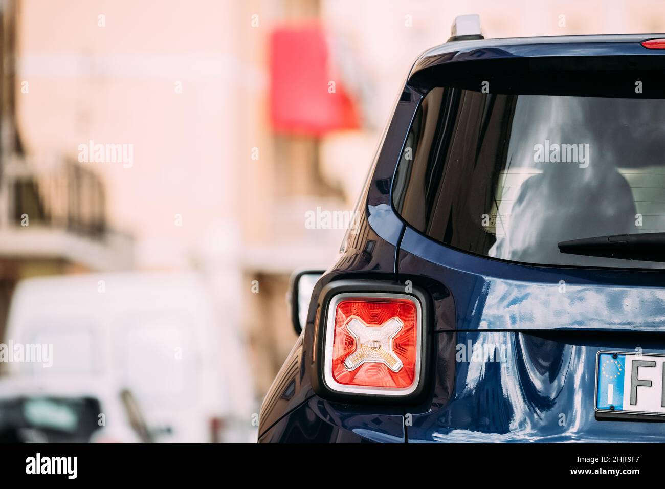 Terracina, Italy. Red Led Rear Lights Of Blue Jeep Renegade Bu/520 Car ...