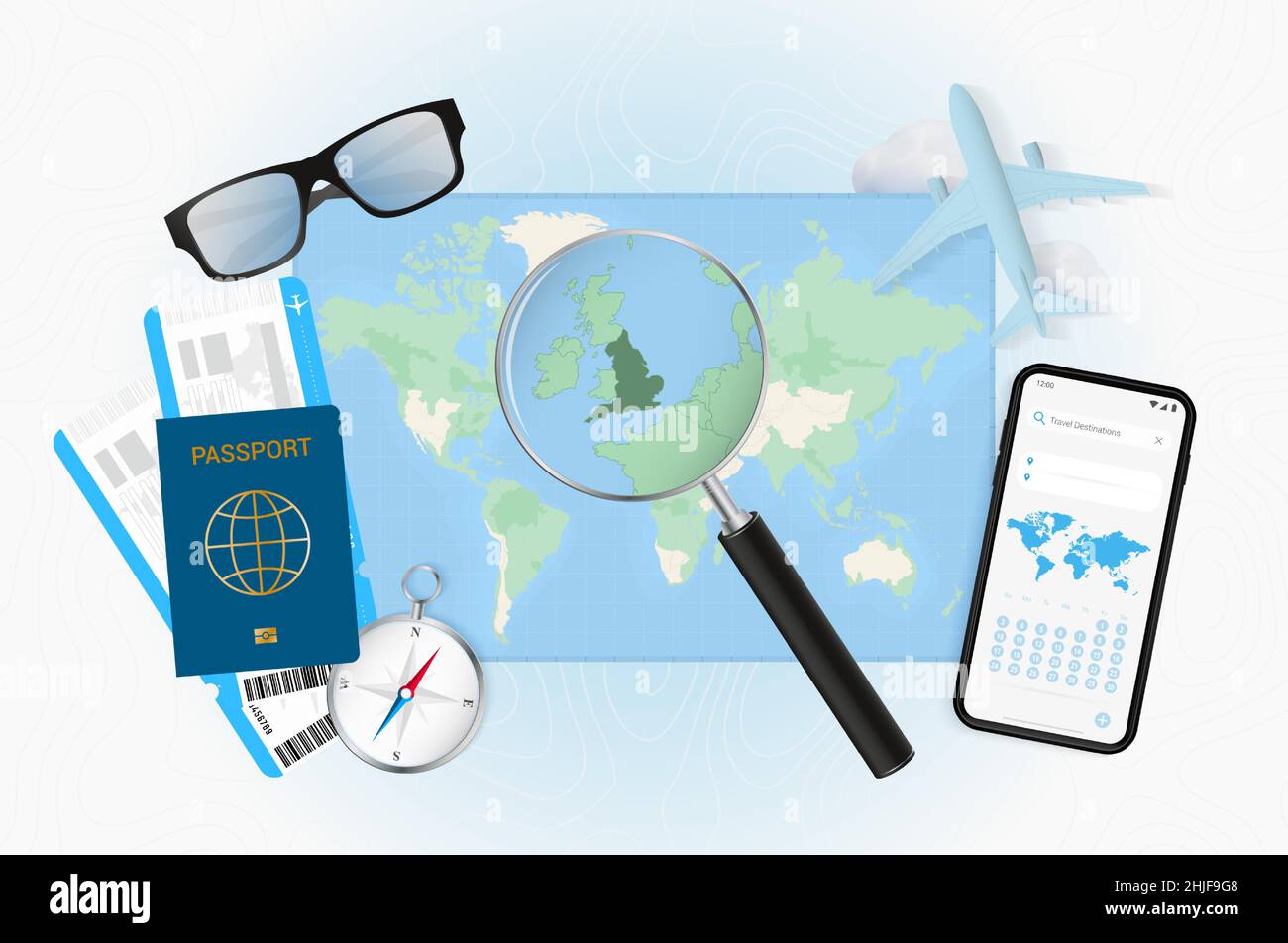 Conceptual illustration of a trip to England with travel gear. World ...