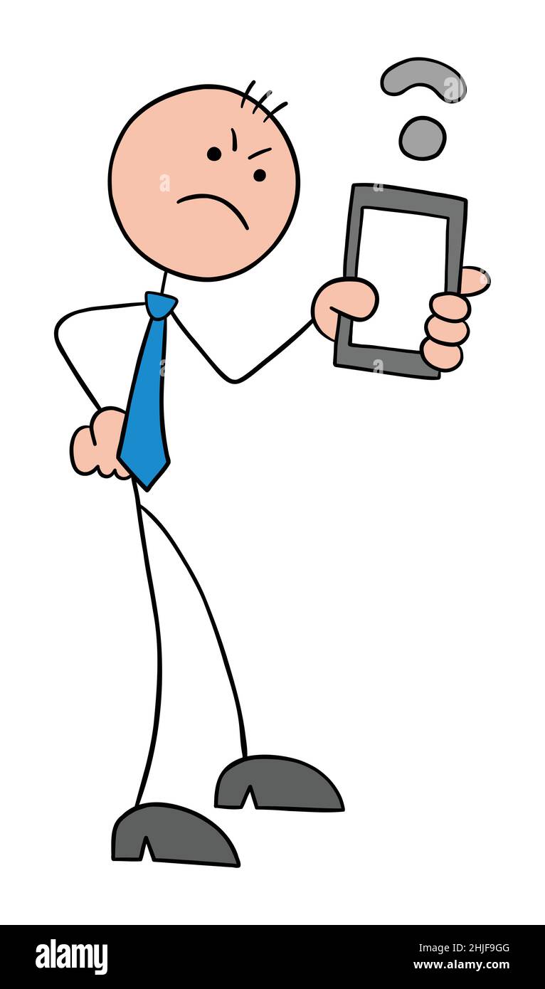 Stickman businessman is holding the phone and is frustrated by weak ...