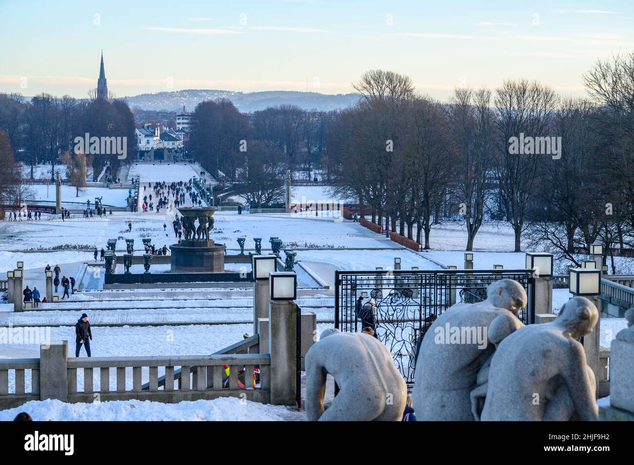 View over Vigeland Sculpture Park with Uranienborg church in the ...