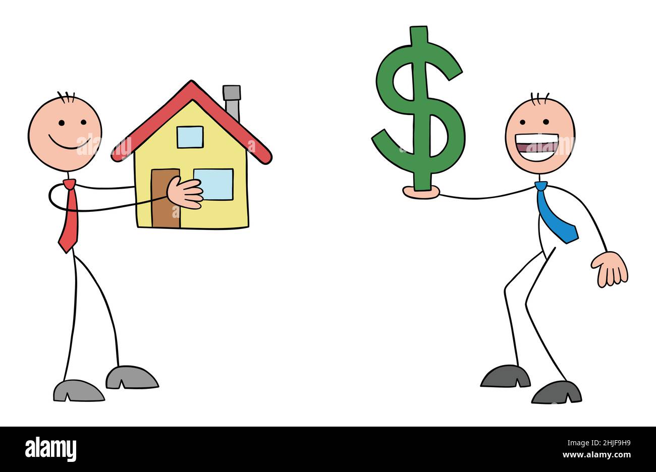 Stickman businessman is buying a house. The house is bought and money ...