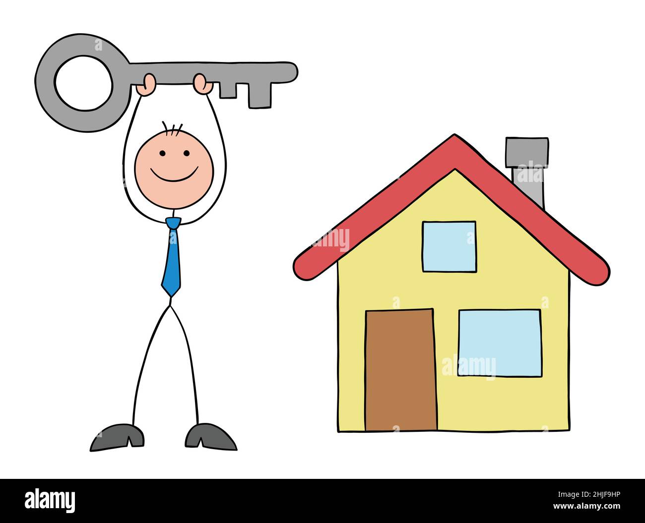 Stickman businessman has bought a house and is holding up the key. Hand ...