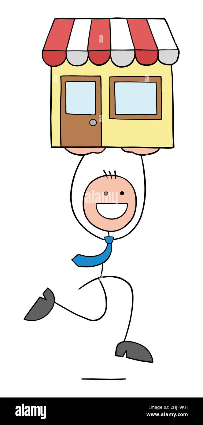 Stickman businessman is carrying shop and running. Hand drawn outline ...