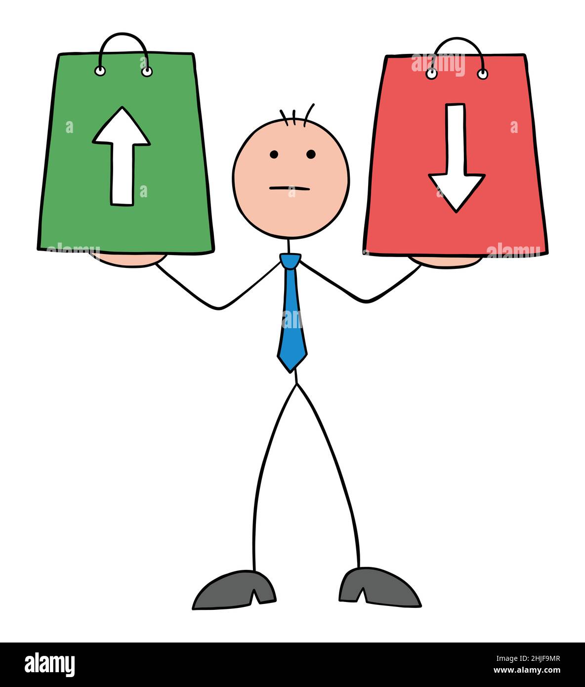 Stickman businessman holding shopping bags with up and down arrows ...