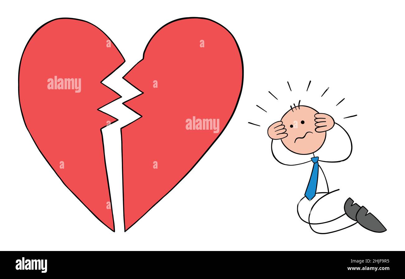 Stickman businessman kneeling in front of broken heart and disappointed ...